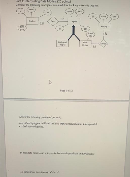 Part 1: Interpreting Data Models (20 points) Consider | Chegg.com