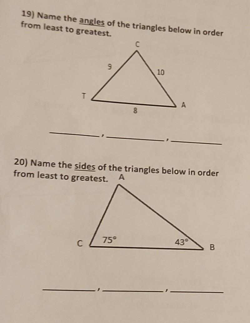 Solved 19) Name the angles of the triangles below in order | Chegg.com