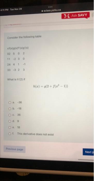 Solved Consider the following table xf(x)g{x)f(x)g′(x) 02502 | Chegg.com
