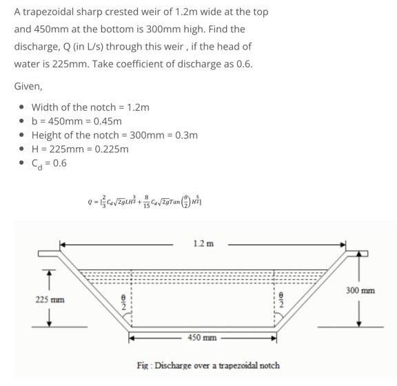 Solved A trapezoidal sharp crested weir of 1.2m wide at the | Chegg.com