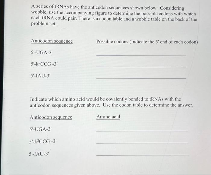 Solved A series of tRNAs have the anticodon sequences shown | Chegg.com