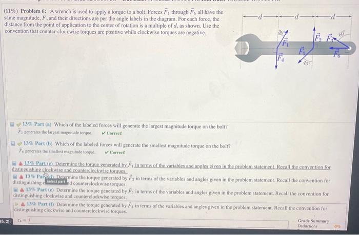 Solved (11\%) Problem 6: A wrench is used to apply a torque | Chegg.com