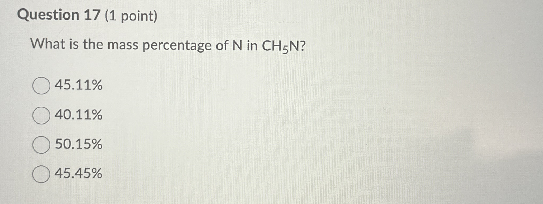 Solved Question 17 (1 ﻿point)What is the mass percentage of | Chegg.com