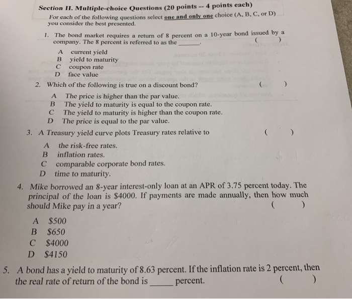 Solved Section II. Multiple-choice Questions (20 points -- 4 | Chegg.com