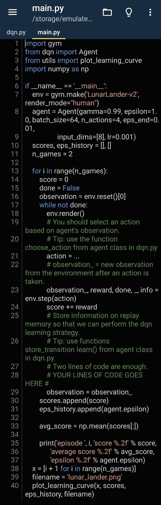 in python 3.8 In this part, you will train the agent | Chegg.com
