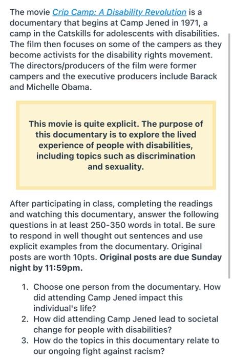 Solved The movie Crip Camp: A Disability Revolution is a | Chegg.com