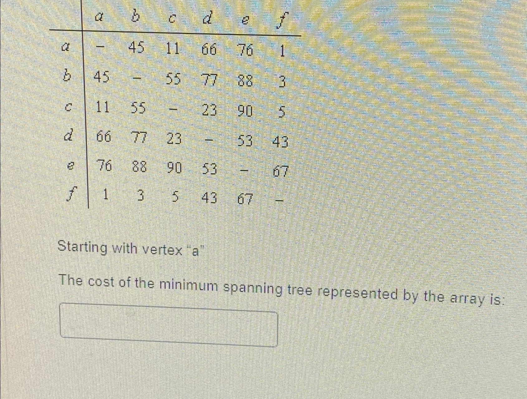 Solved \table[[,a,b,c,d,e,f | Chegg.com