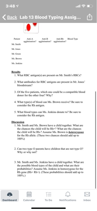 Solved Lab 13 - Blood Typing Results Name & Lab Section: | Chegg.com