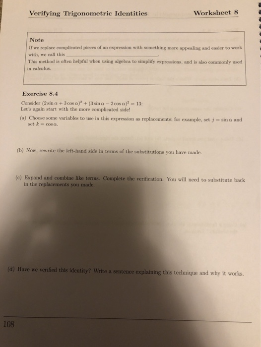 Solved Verifying Trigonometric Identities Worksheet 8 Note | Chegg.com
