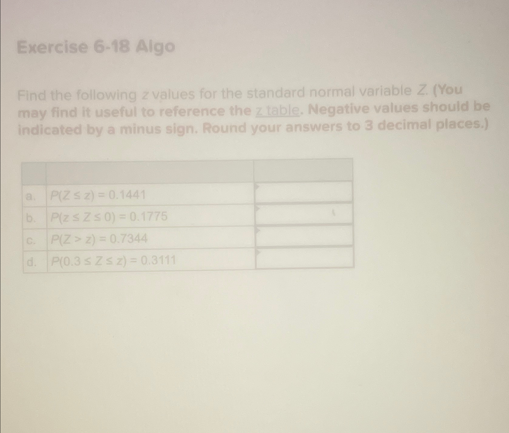 Solved Exercise 6-18 ﻿AlgoFind the following z values for | Chegg.com