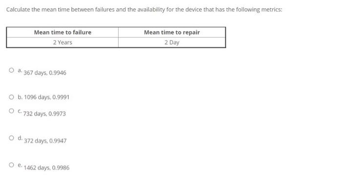 Solved Calculate the mean time between failures and the | Chegg.com
