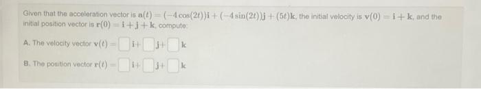 Solved Given that the acceleration vector is a(t) = (-4 | Chegg.com