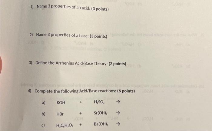 Solved 1) Name 3 properties of an acid: ( 3 points) 2) Name | Chegg.com