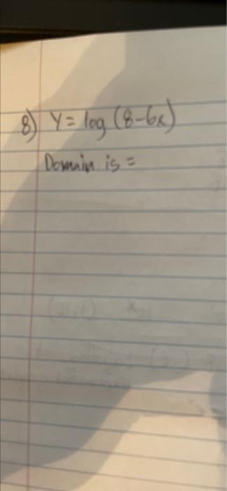 Solved 8) Y = log (8-6x) Domain is = | Chegg.com