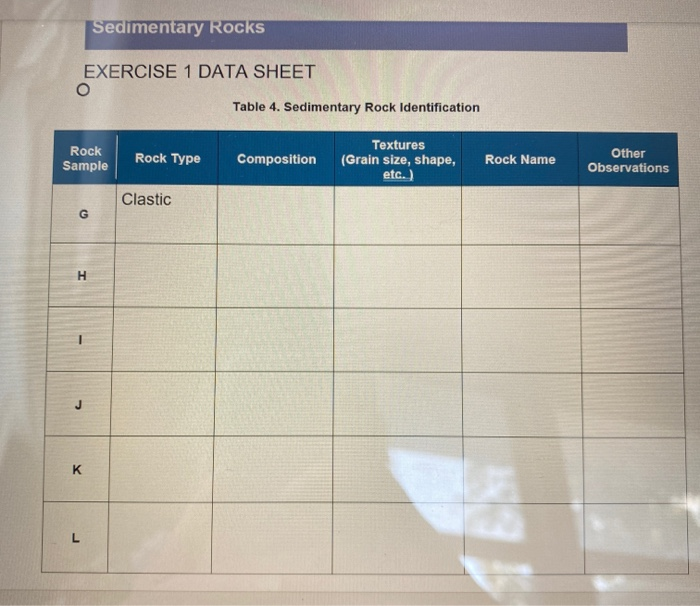 Solved Sedimentary Rocks EXERCISE 1 DATA SHEET O Table 4. | Chegg.com