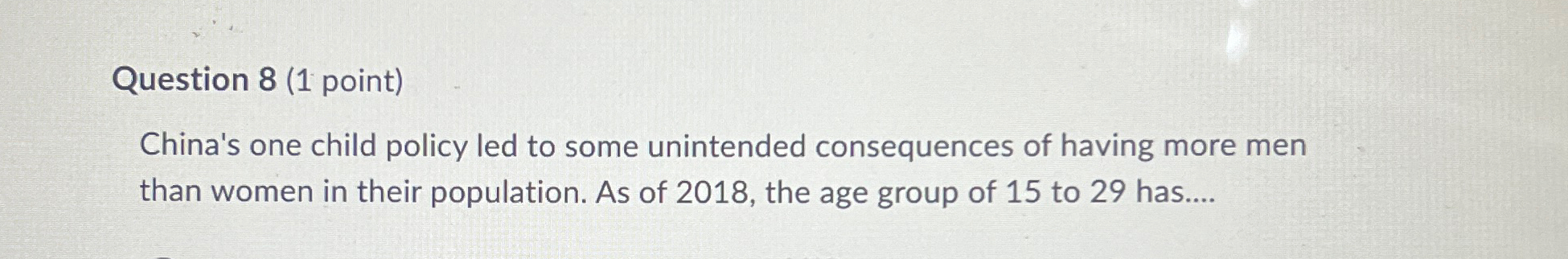 Solved Question 8 (1 ﻿point)China's one child policy led to | Chegg.com