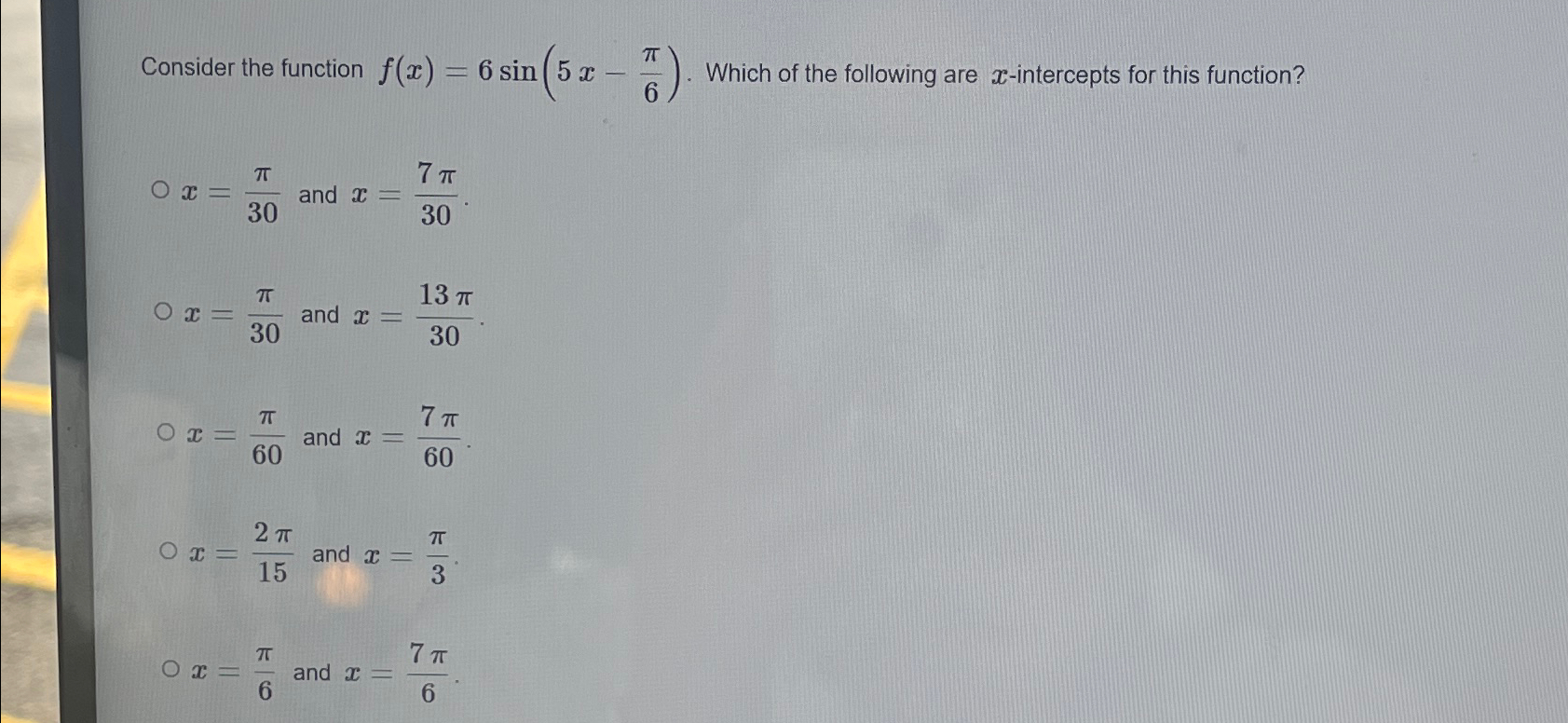 Solved Consider the function f(x)=6sin(5x-π6). ﻿Which of the | Chegg.com
