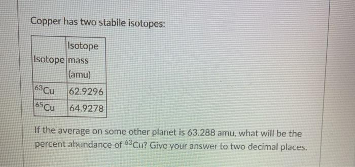 Solved Copper has two stabile isotopes: Isotope Isotope mass | Chegg.com