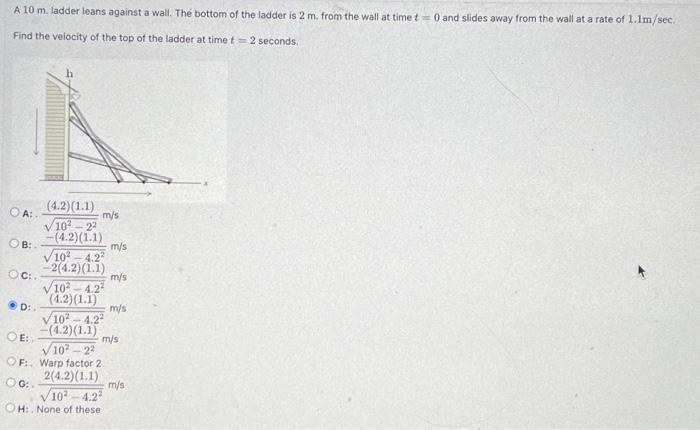 Solved A 10 m. ladder leans against a wall. The bottom of | Chegg.com