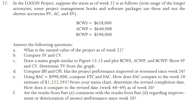 Solved In the LOGON Project, suppose the status as of week | Chegg.com