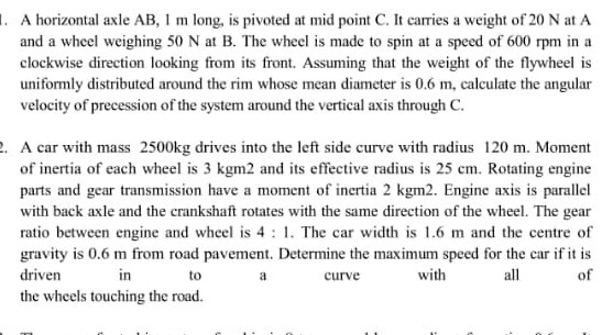Solved 1. A horizontal axle AB, 1 m long, is pivoted at mid | Chegg.com
