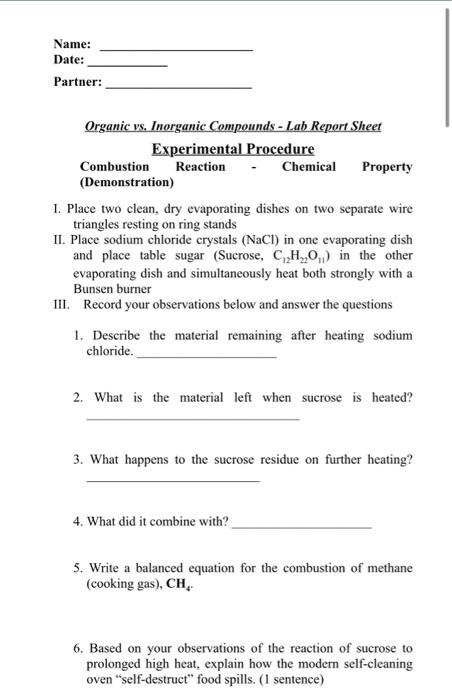 Solved Name: Date: Partner: Organic vs. Inorganic Compounds | Chegg.com