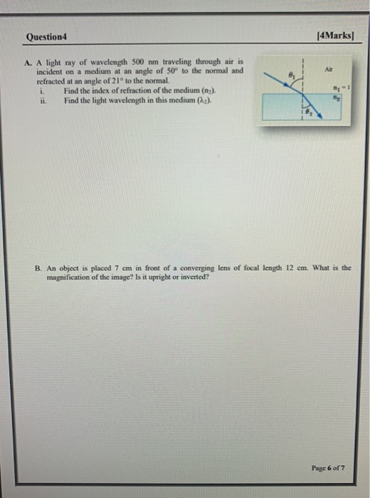 Solved Question 4 14Marks] Air A. A light ray of wavelength | Chegg.com
