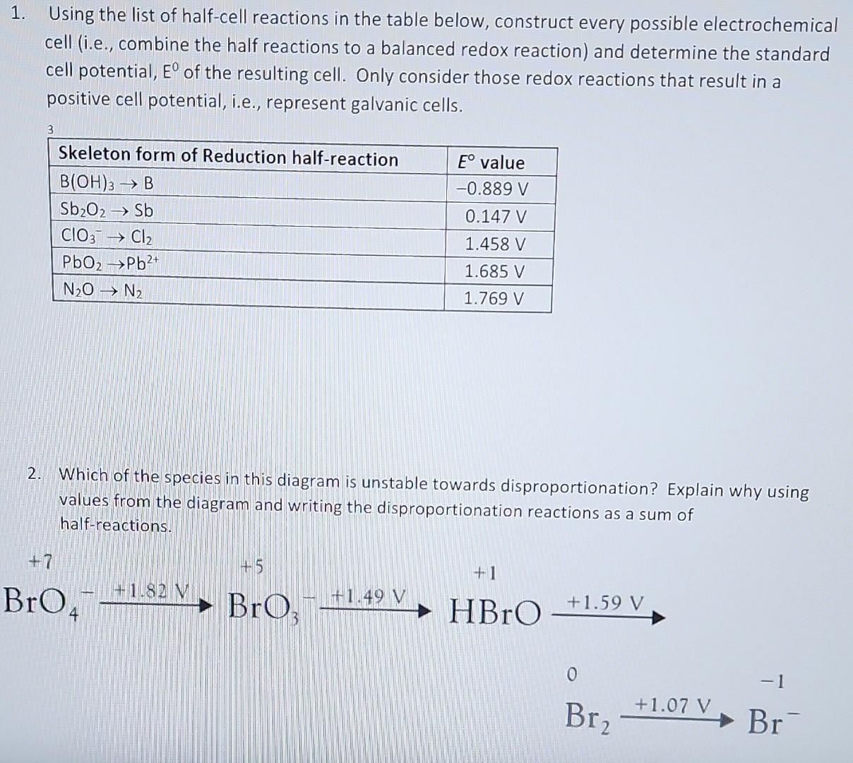 Solved 1. Using the list of half-cell reactions in the table | Chegg.com