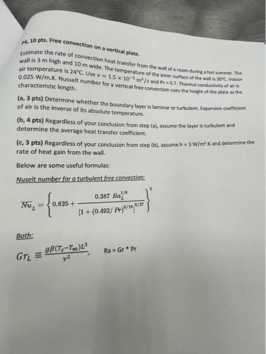 Solved p4, 10 pts. Free convection on a vertical plate. | Chegg.com