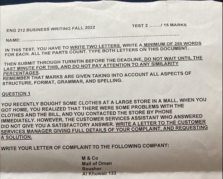 ENG 212 BUSINESS WRITING FALL 2022 TEST 2 15 MARKS | Chegg.com