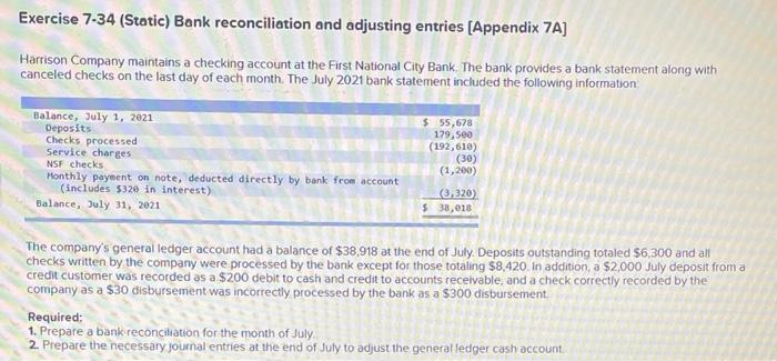 Solved Exercise 7-34 (Static) Bank reconciliation and | Chegg.com