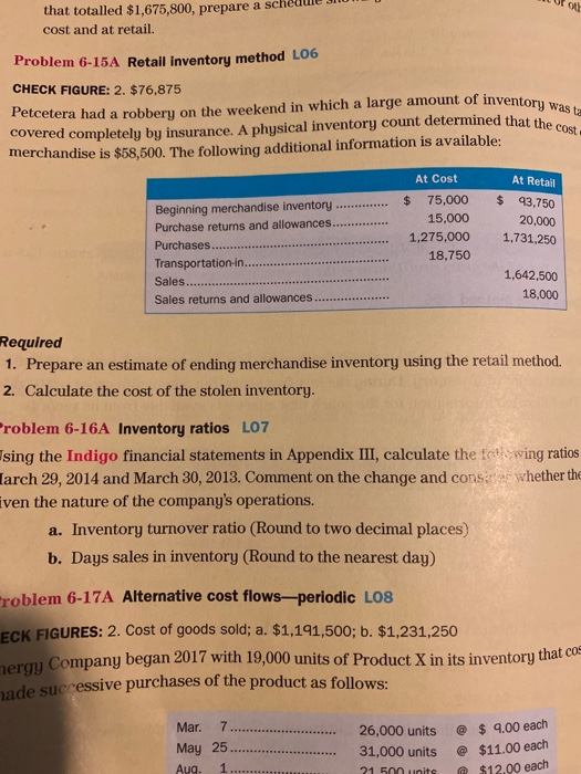 At Cost At Retail $ $ 93,750 20.000 1,731,250 | Chegg.com