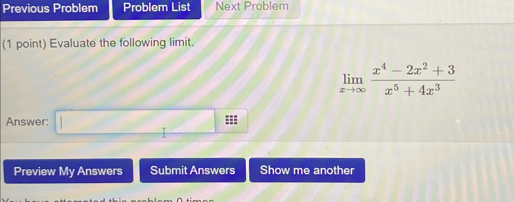 Solved (1 ﻿point) ﻿Evaluate the following | Chegg.com