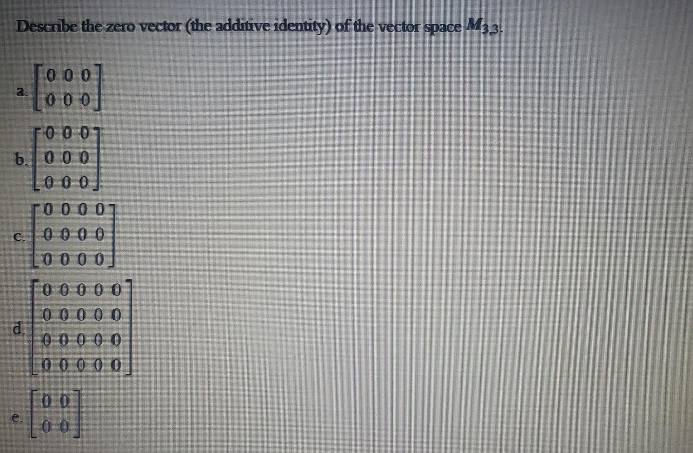 Solved Describe the zero vector (the additive identity) of | Chegg.com