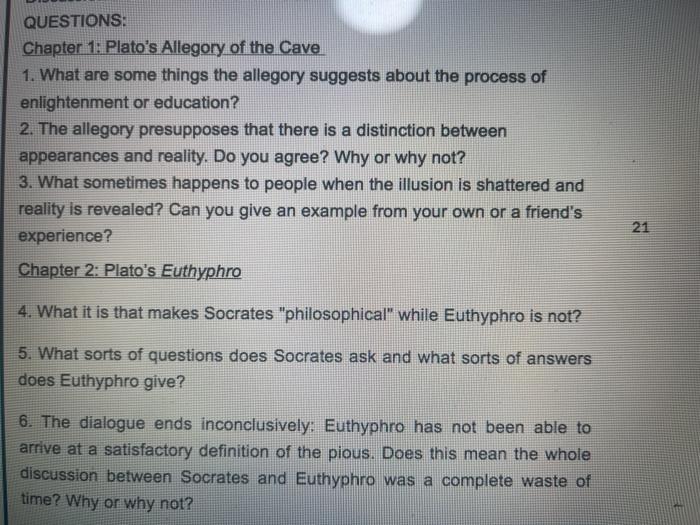 Solved QUESTIONS: Chapter 1: Plato's Allegory of the Cave 1. | Chegg.com