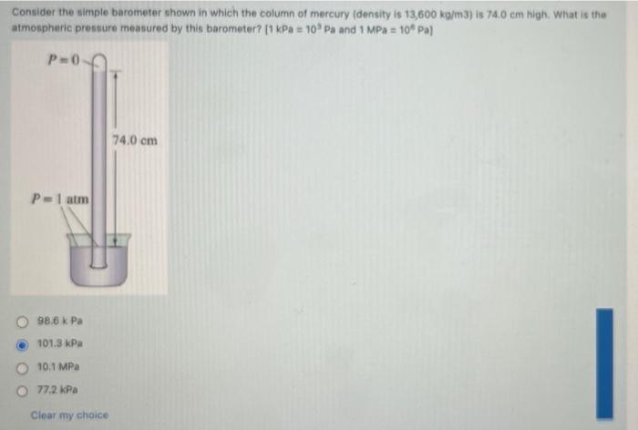 Solved Consider the simple barometer shown in which the | Chegg.com