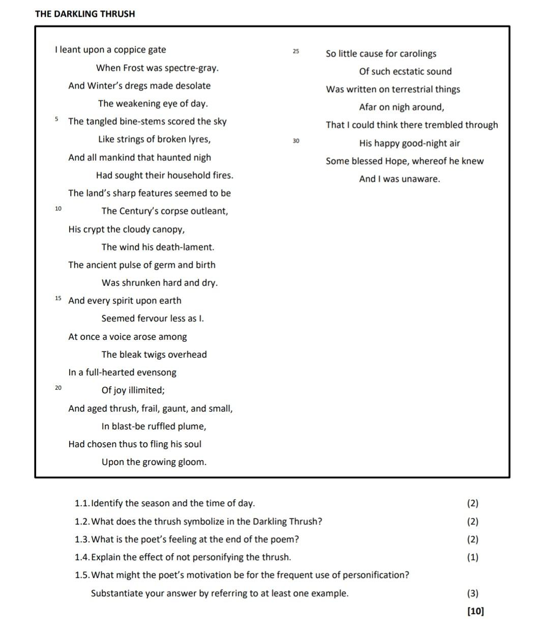 THE DARKLING THRUSH I leant upon a coppice gate 5 10 | Chegg.com
