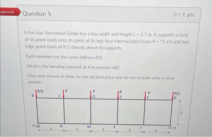 Solved swered Question 5 0/1 pts A five bay Vierendeel | Chegg.com Solved swered Question 5 0/1 pts A five bay Vierendeel | Chegg.com