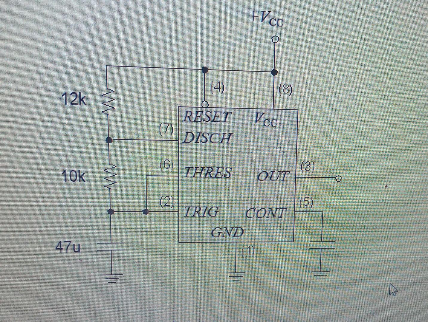 Solved +Vcc (4) (8) 12k Voc RESET DISCH (6) 10k (3) THRES | Chegg.com