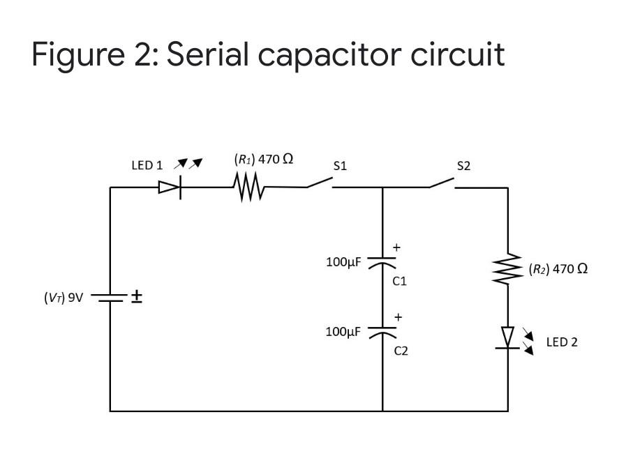 Solved Figure 2: Serial capacitor circuit LED 1 W (R1) 470 | Chegg.com