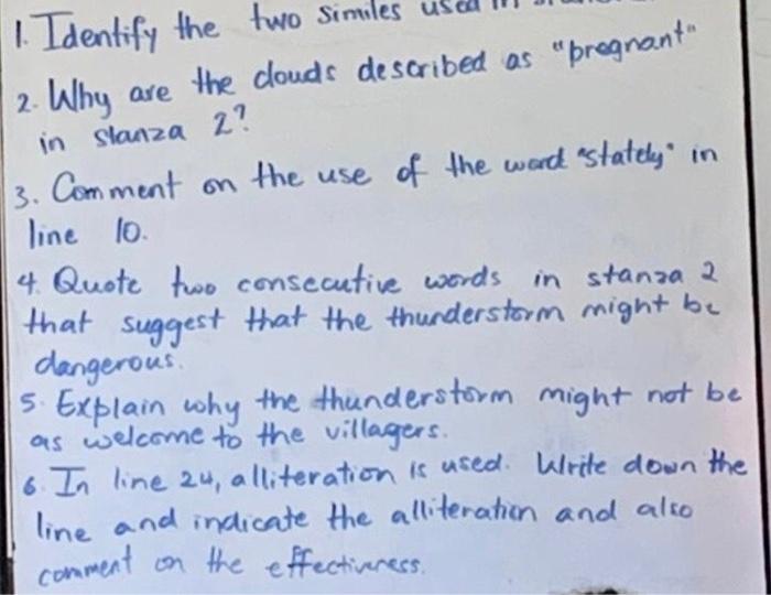 1. Identify the two similes 2. Why are the clouds | Chegg.com