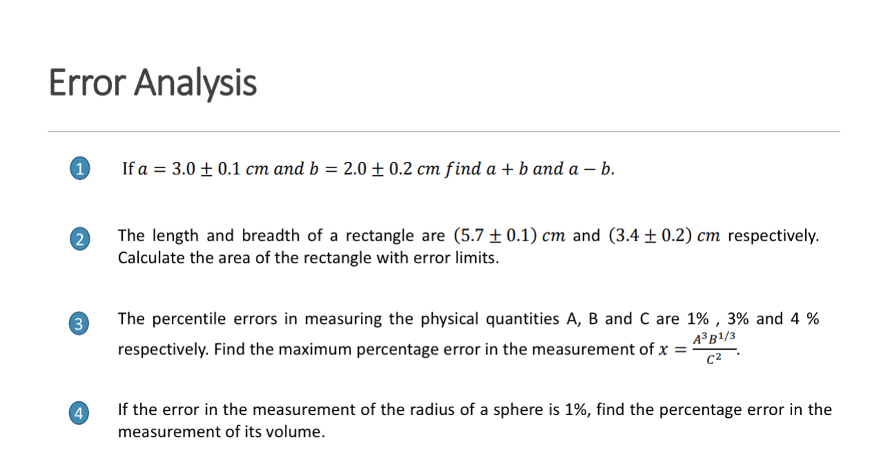 Solved Error AnalysisIf a=3.0+-0.1cm ﻿and b=2.0+-0.2cm ﻿find | Chegg.com
