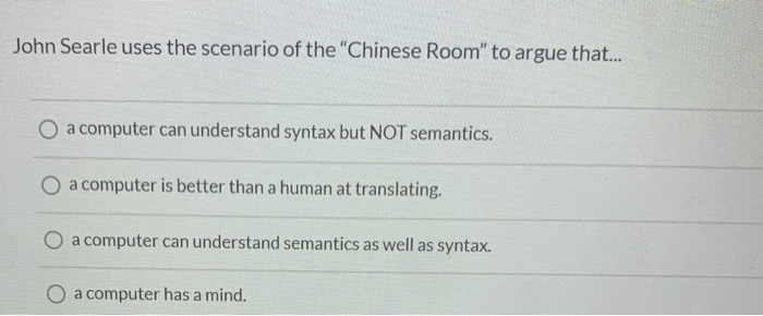Solved John Searle uses the scenario of the "Chinese Room" | Chegg.com