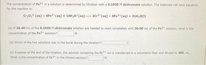 Solved The concentration of Fe2+ in a solution is determined | Chegg.com