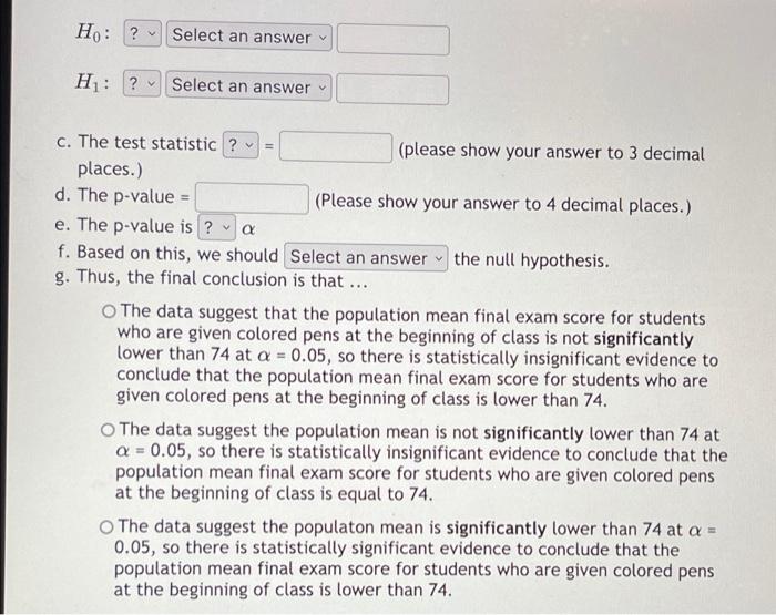 Solved The average final exam score for the statistics | Chegg.com