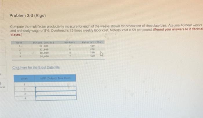 Solved Problem 2-3 (Algo) Compute the multifactor | Chegg.com
