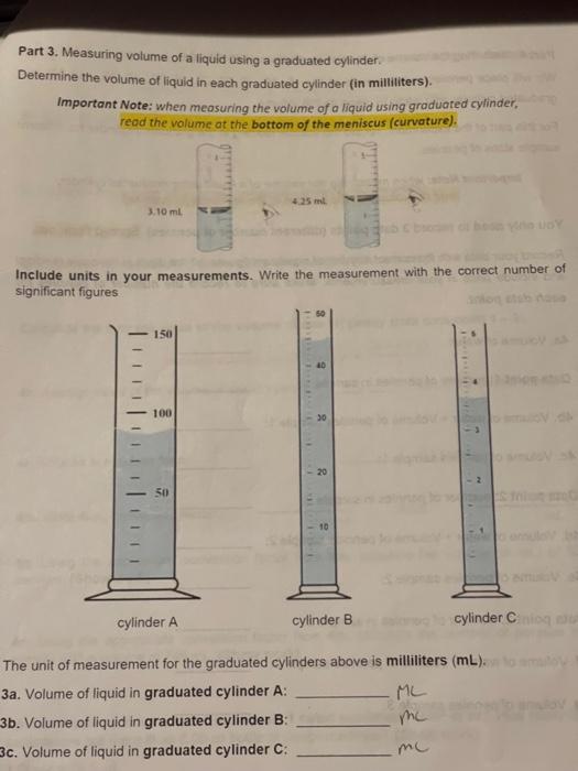 Solved Part 3. Measuring volume of a liquid using a | Chegg.com