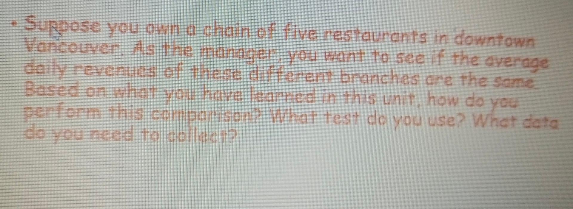 Solved Surpose you own a chain of five restaurants in | Chegg.com