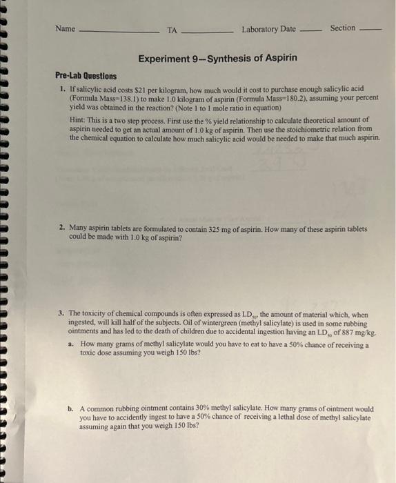 Solved Name TA Laboratory Date Section Experiment | Chegg.com