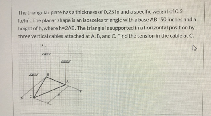 Solved The triangular plate has a thickness of 0.25 in and a | Chegg.com